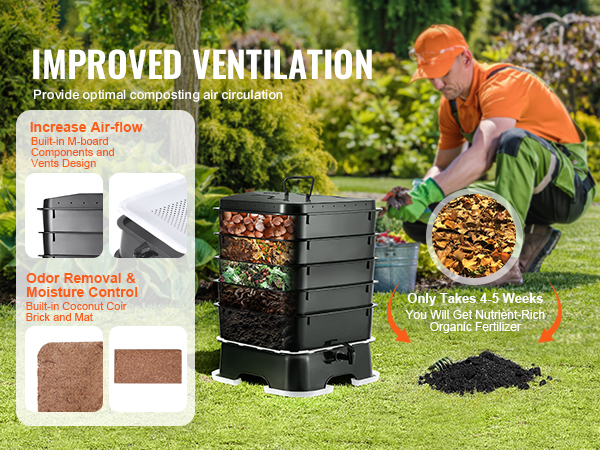 VEVOR 5-Tray Worm Composter, 50 L Worm Compost Bin Outdoor and Indoor ...