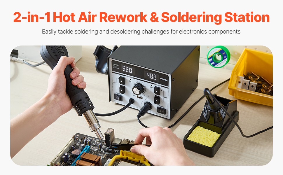 2-in-1 Hot Air Rework & Soldering Station 820W with Digital Display 5V ...