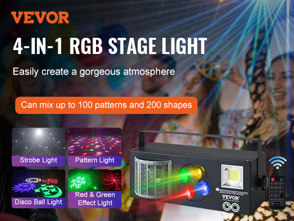 VEVOR Stage Lights, 4 in 1 RGB Party Lights, LED Pattern Strobe Light ...