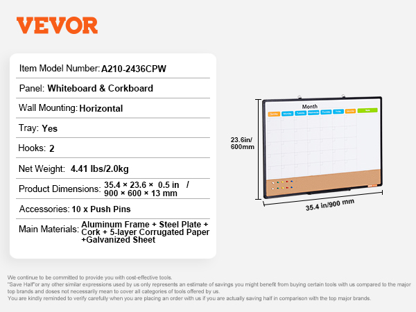 VEVOR 36"x 24" Monthly Calendar Whiteboard & Cork Board Combo with ...