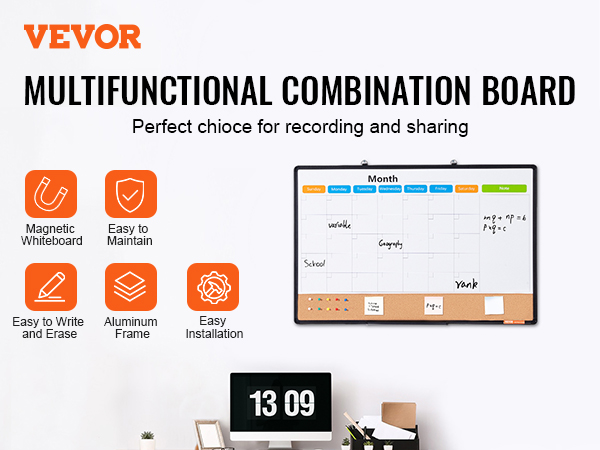 VEVOR 36"x 24" Monthly Calendar Whiteboard & Cork Board Combo with ...