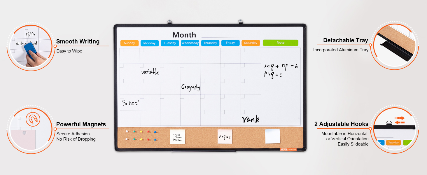 VEVOR 36"x 24" Monthly Calendar Whiteboard & Cork Board Combo with ...