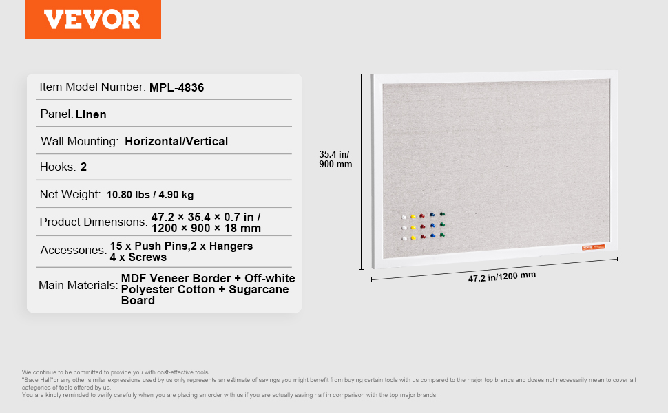 VEVOR 48"x36" White Cork Board with Linen Surface Wall-Mounted Bulletin ...