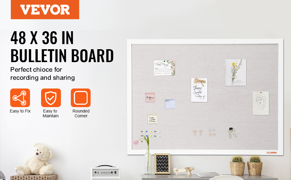 VEVOR 48"x36" White Cork Board with Linen Surface Wall-Mounted Bulletin ...