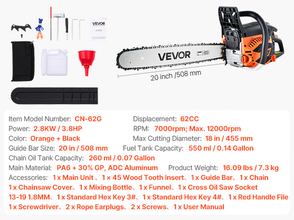 62cc Gas Chainsaw 3.8 HP Gas Powered 20 inch Chainsaw For Wood Cutting | VEVOR US