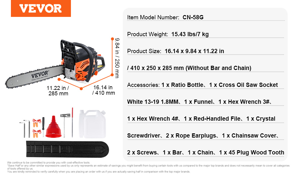 VEVOR 58CC 20" Gasoline Chainsaw Gas Powered Wood Cutting Engine Gas ...
