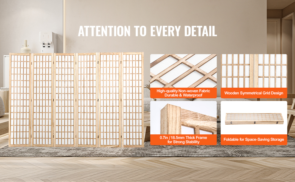 VEVOR Room Divider, 6 Panel Japanese Room Divider, Wood Folding Privacy ...