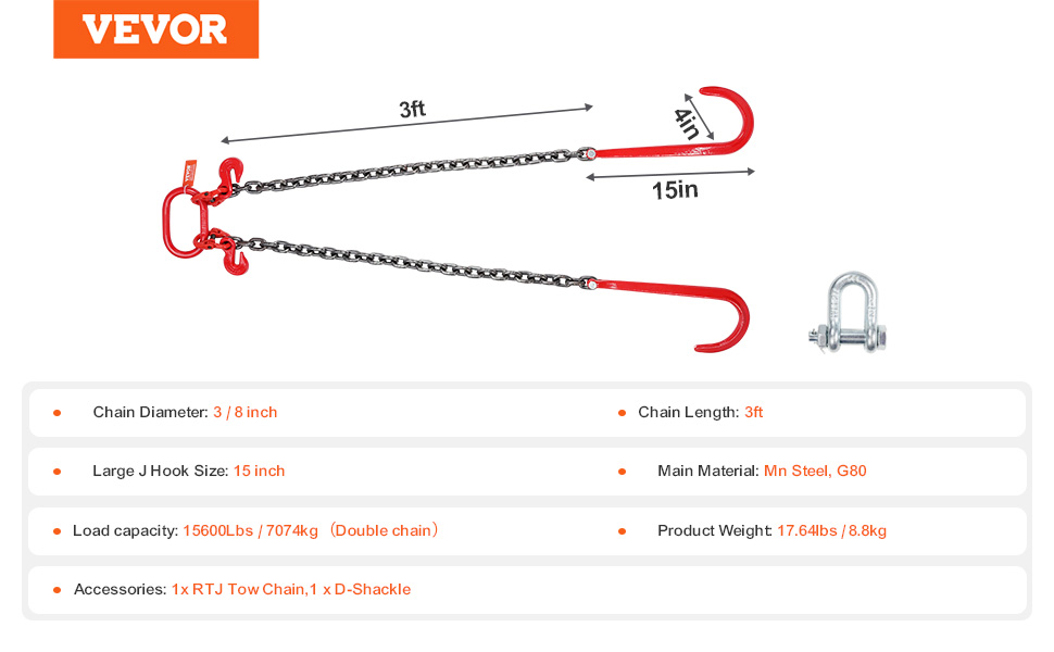 VEVOR 3/8" x 3' G80 Tow Chain J Hook V-Chain Bridle Grab Hook Wrecker ...