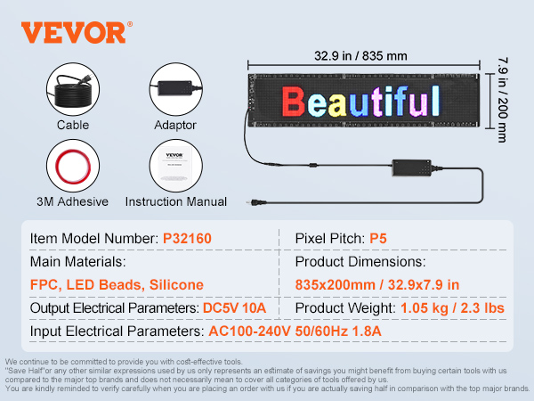 VEVOR Programmable LED Sign, P5 Full Color LED Scrolling Panel, DIY ...