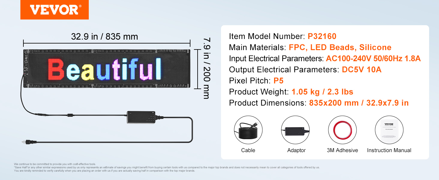 VEVOR Programmable LED Sign, P5 Full Color LED Scrolling Panel, DIY ...