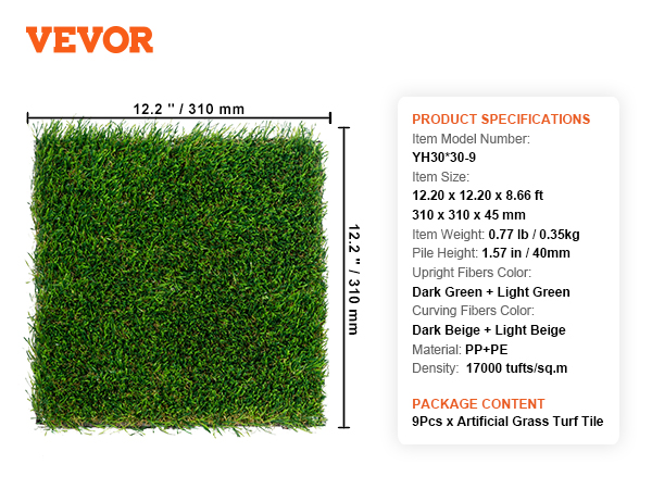 VEVOR Artifical Grass Tiles Interlocking Turf Deck Set, 9 Pack - 12"x12 ...