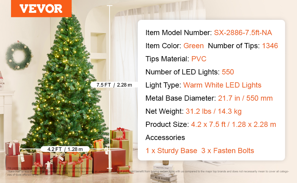 VEVOR Christmas Tree 7.5ft Prelit Artificial Tree with 550 White LEDs ...