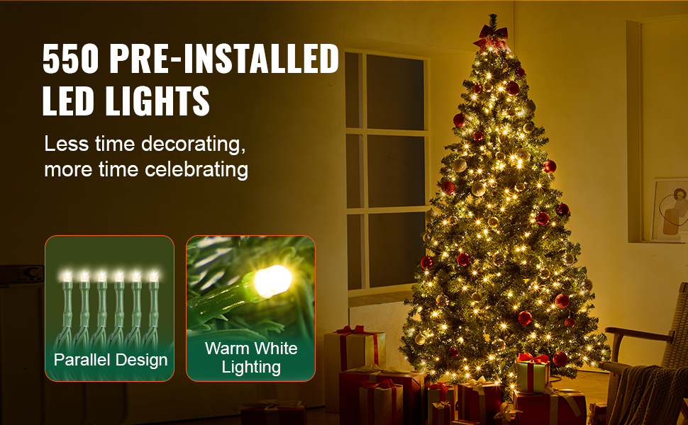 VEVOR Christmas Tree 7.5ft Prelit Artificial Tree with 550 White LEDs ...