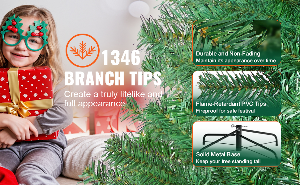 VEVOR Christmas Tree 7.5ft Artificial Xmas Decor Tree with 1346 Branch ...