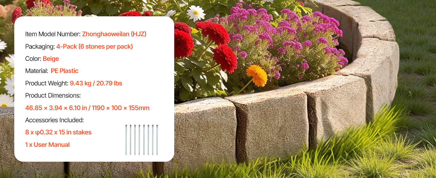 VEVOR Faux Stone Landscape Edging 46.8x3.9 in Lawn Edging Fade ...