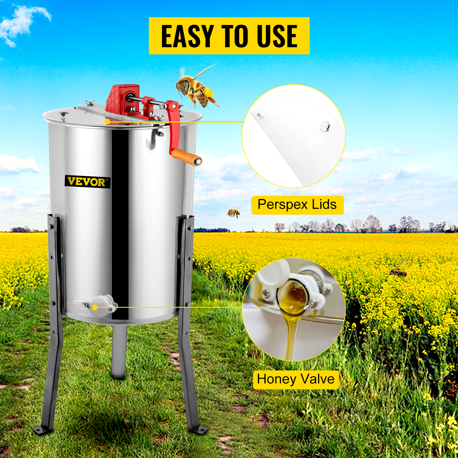 VEVOR Manual Honey Extractor Separator 4 Frame Stainless Steel ...