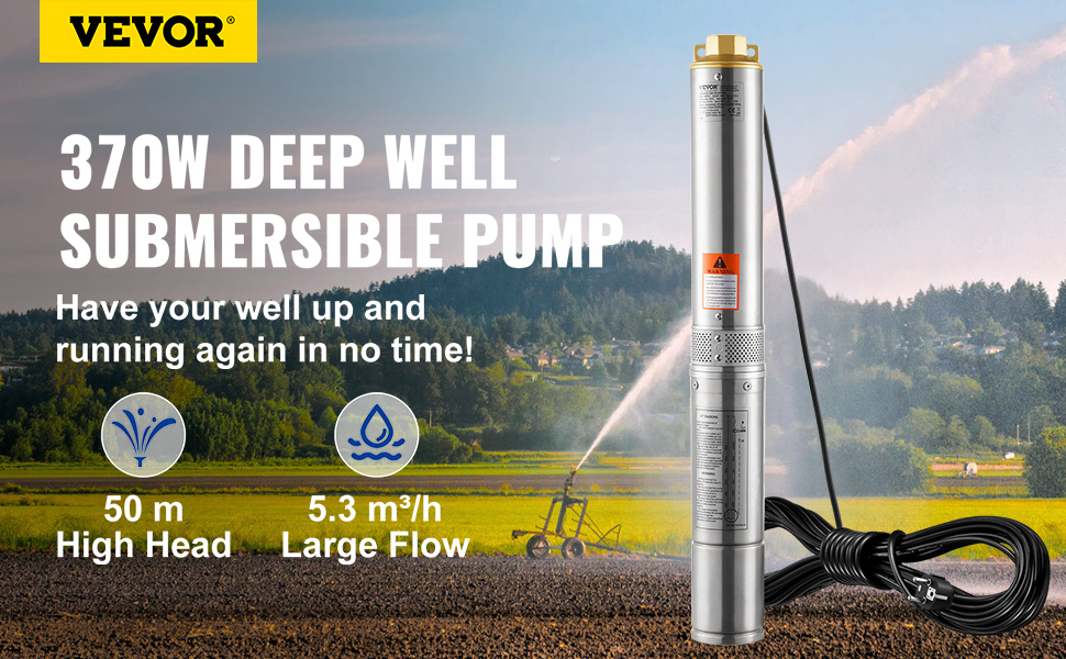 VEVOR Deep Well Submersible Pump Stainless Steel Water Pump 370W 5.3 m³ ...