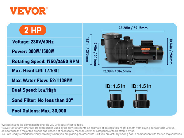 VEVOR Pool Pump 2.0HP 230V, Variable Dual Speed Pumps 1500W, 5520 GPH ...