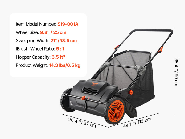 VEVOR Push Lawn Sweeper, 21-inch Leaf & Grass Collector, Strong Rubber ...