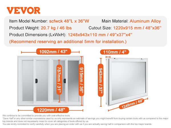 VEVOR Concession Window 48"x36", Aluminum Alloy Food Truck Service ...