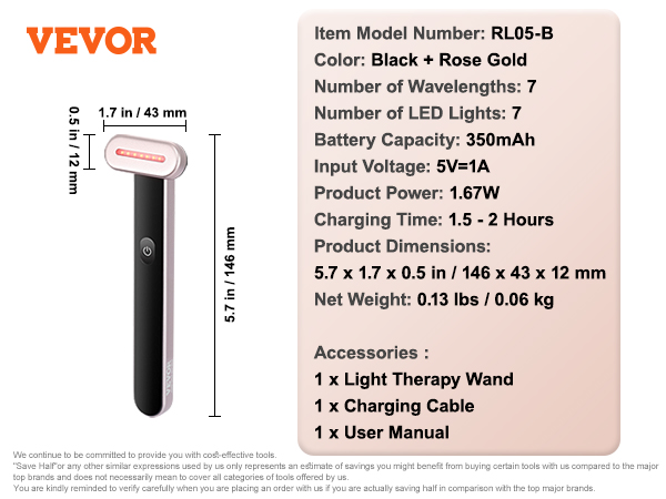 VEVOR Red Light Therapy Wand for Face, 7-Color LED Facial Wand Red ...