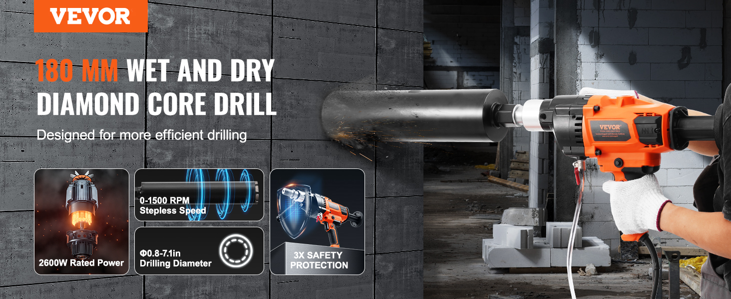 VEVOR Core Drill Machine 0.8-7.1in Dia 2600W Handheld Core Drill Rig ...