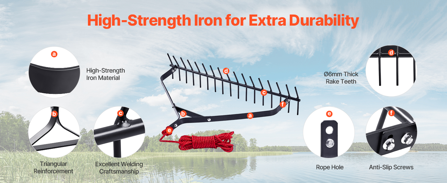 32x6.3 in Pond Aquatic Weed Rake Double-Sided Lake Weed Removal Rake ...