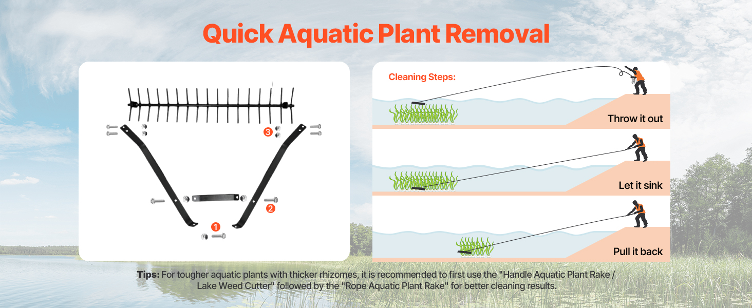 VEVOR 32x6.3 in Pond Aquatic Weed Rake Double-Sided Lake Weed Rake 30ft ...