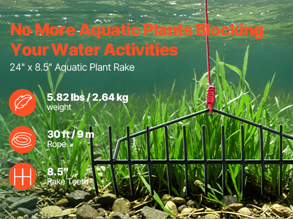 VEVOR 24x8.7 in Pond Aquatic Weed Rake Double-Sided Lake Weed Rake 30ft ...