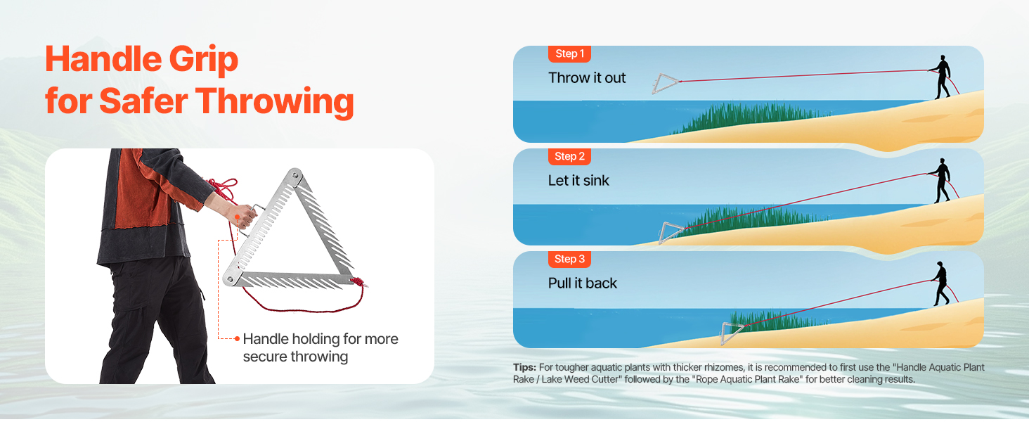 VEVOR 24in Aquatic Weed Rake 3-Sided Foldable Lake Weed Rake Handle ...