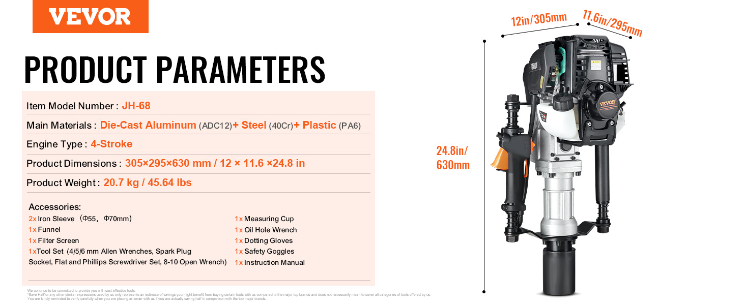 VEVOR 37.77cc Gas-Powered T Post Driver 4-Stroke Fence Piling Pounder w ...