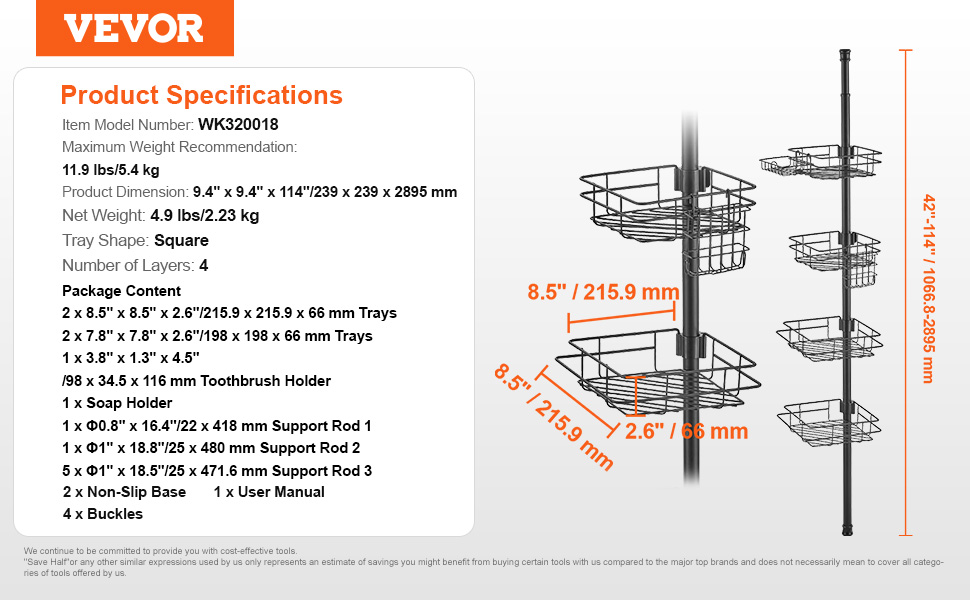 VEVOR 42" to 114" High Shower Corner Caddy Tension Pole Rust-Proof ...