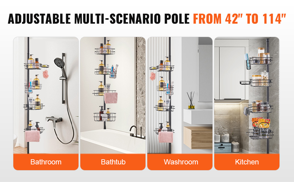 VEVOR 42" to 114" High Shower Corner Caddy Tension Pole Rust-Proof ...