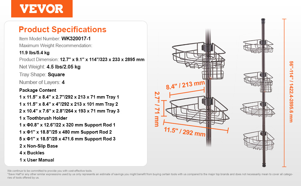 VEVOR 56" to 114" High Shower Corner Caddy Tension Pole Rust-Proof ...