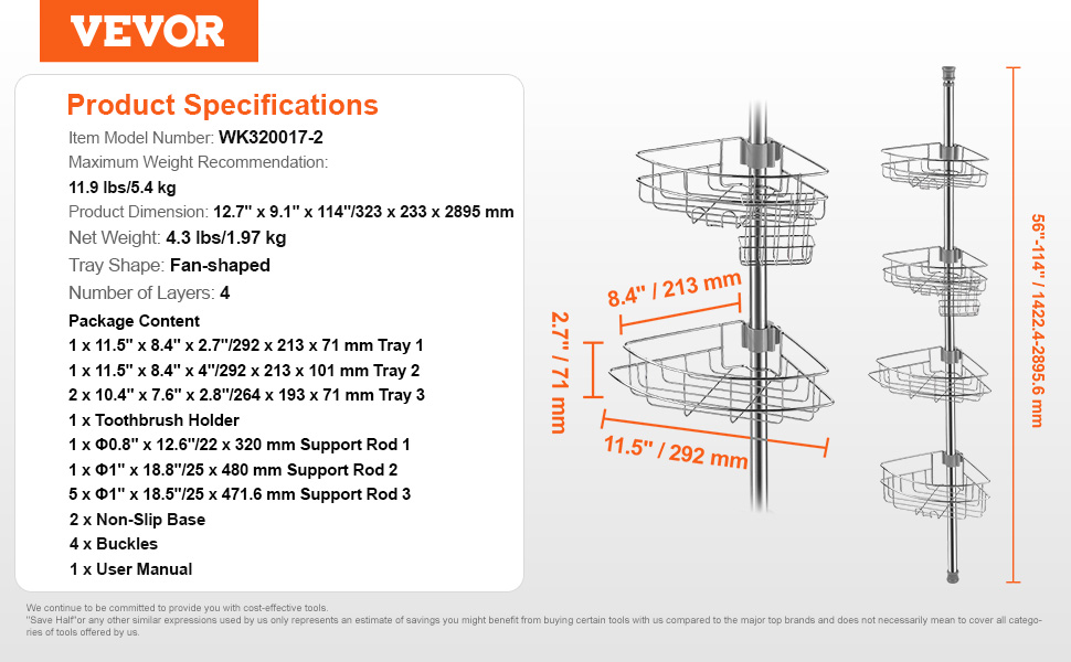 VEVOR 56" to 114" High Shower Corner Caddy Tension Pole Rust-Proof ...