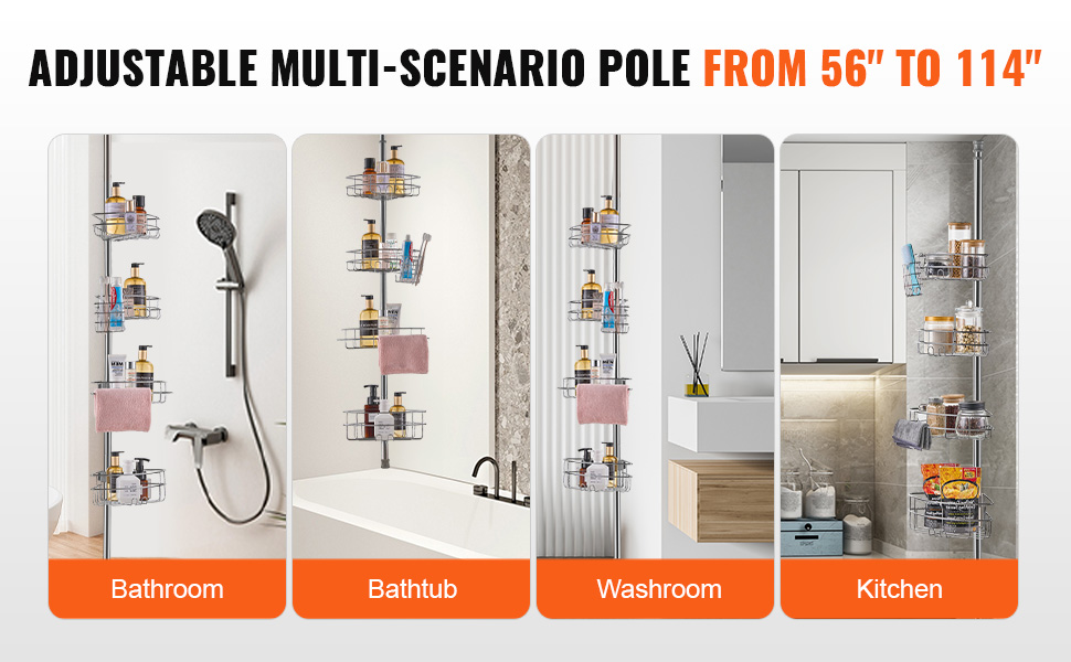 VEVOR 56" to 114" High Shower Corner Caddy Tension Pole Rust-Proof ...
