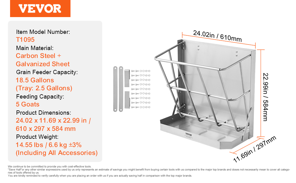 VEVOR Wall Mounted Goat Hay Feeder 2 in 1 Hay and Grain Feeder 21 ...