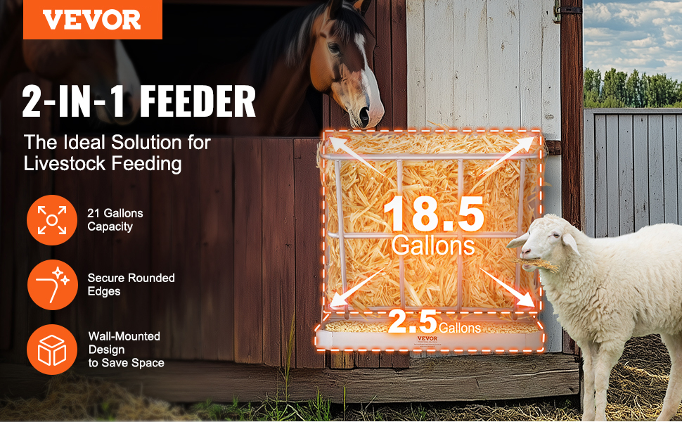 VEVOR Wall Mounted Goat Hay Feeder 2 in 1 Hay and Grain Feeder 21 ...