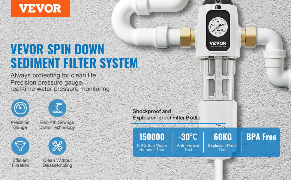 VEVOR Spin Down Filter, 40 Micron Whole House Sediment Filter for Well ...