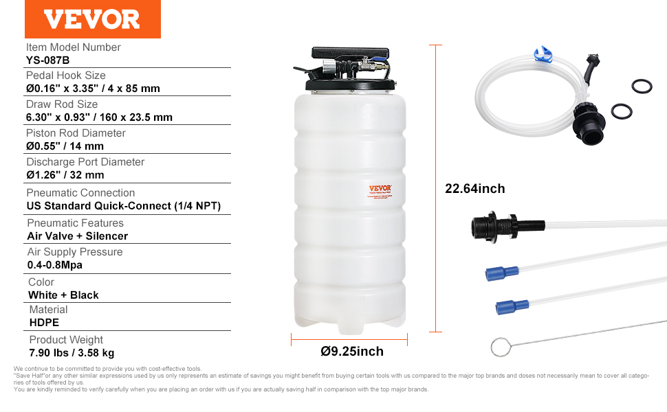 VEVOR Fluid Extractor, 4 Gallons (15 Liters), Pneumatic/Manual Oil ...