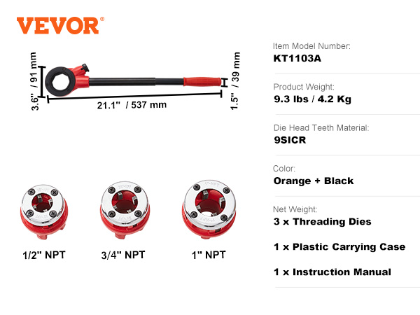 VEVOR Ratchet Pipe Threader Kit, 1/2" NPT, 3/4" NPT, 1" NPT Manual ...