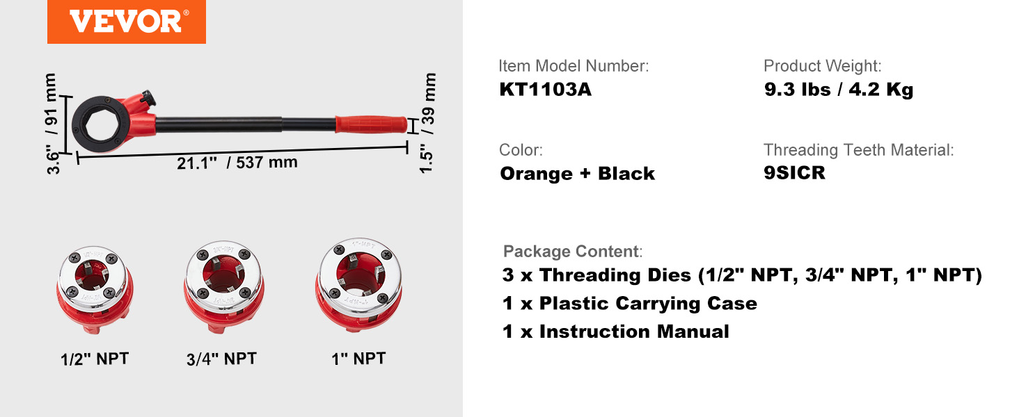 VEVOR Ratchet Pipe Threader Kit, 1/2" NPT, 3/4" NPT, 1" NPT Manual ...