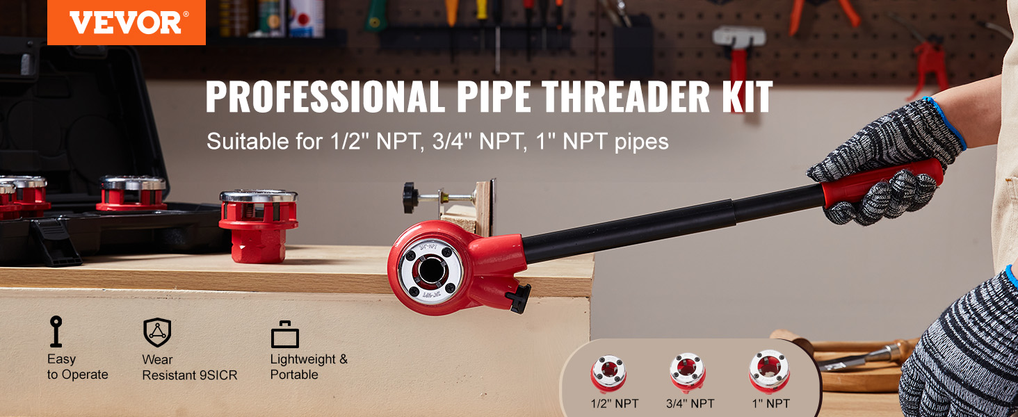 VEVOR Ratchet Pipe Threader Kit, 1/2" NPT, 3/4" NPT, 1" NPT Manual ...