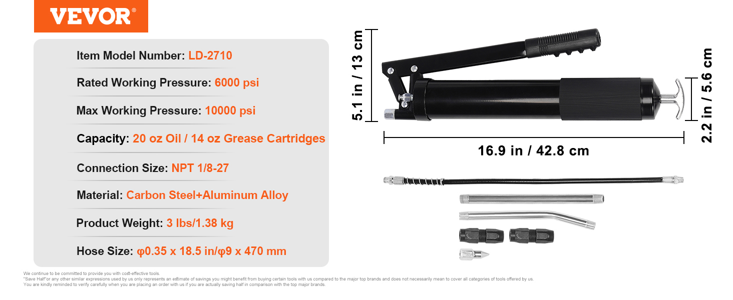 VEVOR Grease Gun, 10000 PSI Max. Working Pressure, 20 OZ / 600 CC ...