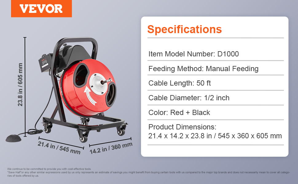VEVOR Drain Cleaner Machine 50FT x 1/2 Inch Manual Feed Snake Auger ...