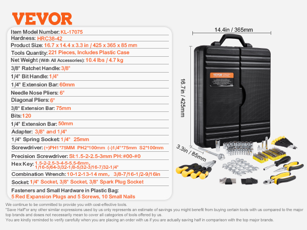 VEVOR 221-Piece Mechanics Tool Set 1/4" and 3/8" Drive Sockets SAE and ...