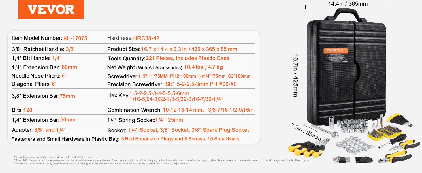 VEVOR 221-Piece Mechanics Tool Set 1/4" and 3/8" Drive Sockets SAE and ...