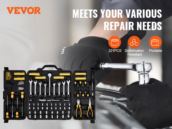 VEVOR 221-Piece Mechanics Tool Set 1/4" and 3/8" Drive Sockets SAE and ...