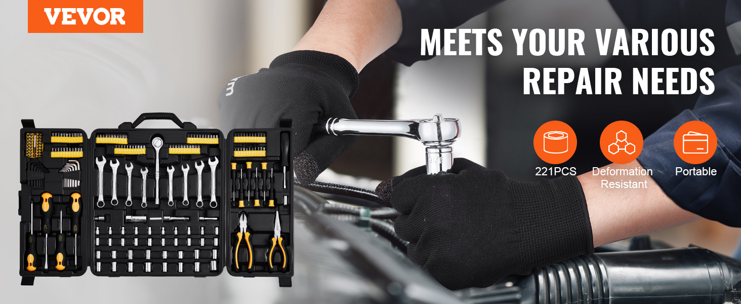 VEVOR 221-Piece Mechanics Tool Set 1/4" and 3/8" Drive Sockets SAE and ...
