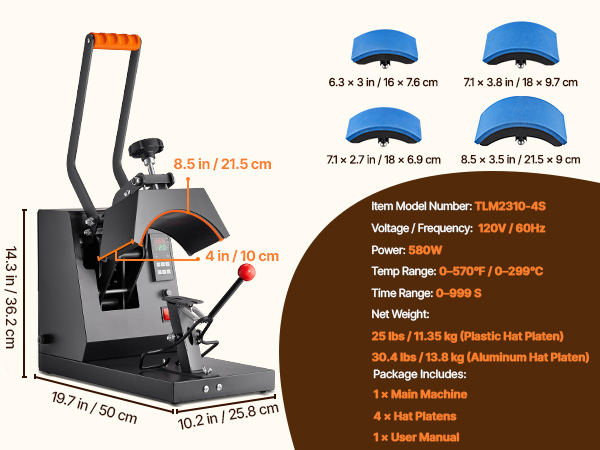 VEVOR Hat Heat Press, 4-in-1 Cap Heat Press Machine, 6x3inches ...